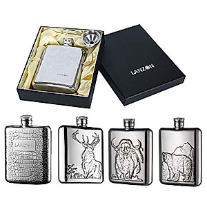 LANZON Hip Flask with Funnel, All 18/8 304 Food Grade Stainless Steel Curved Pocket Flask for Liquor | 6 OZ Capacity | Gift Boxed (Flower Pattern)