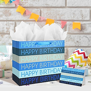 13" Large Happy Birthday Gift Bag with Tissue Paper,Card and Handles for Men Boy Kid Birthday Party (Blue Stripes)