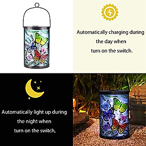 Afirst Hanging Solar Lantern - Decorative Outdoor Glass Solar Butterfly Lights Waterproof LED Tabletop Lamp for Garden Yard Patio Decor