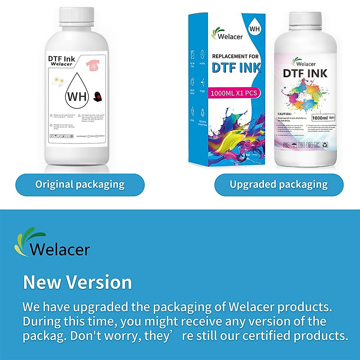 Welacer DTF Ink White 500ml - Premium Heat Transfer Ink Conversion Kit Refill for I3200, XP600, R1390, Epson L1800, ET2800 ET8500 R2400, L800, 1430, P400, P800, XP-15000 All DTF Printers,for DTF Film