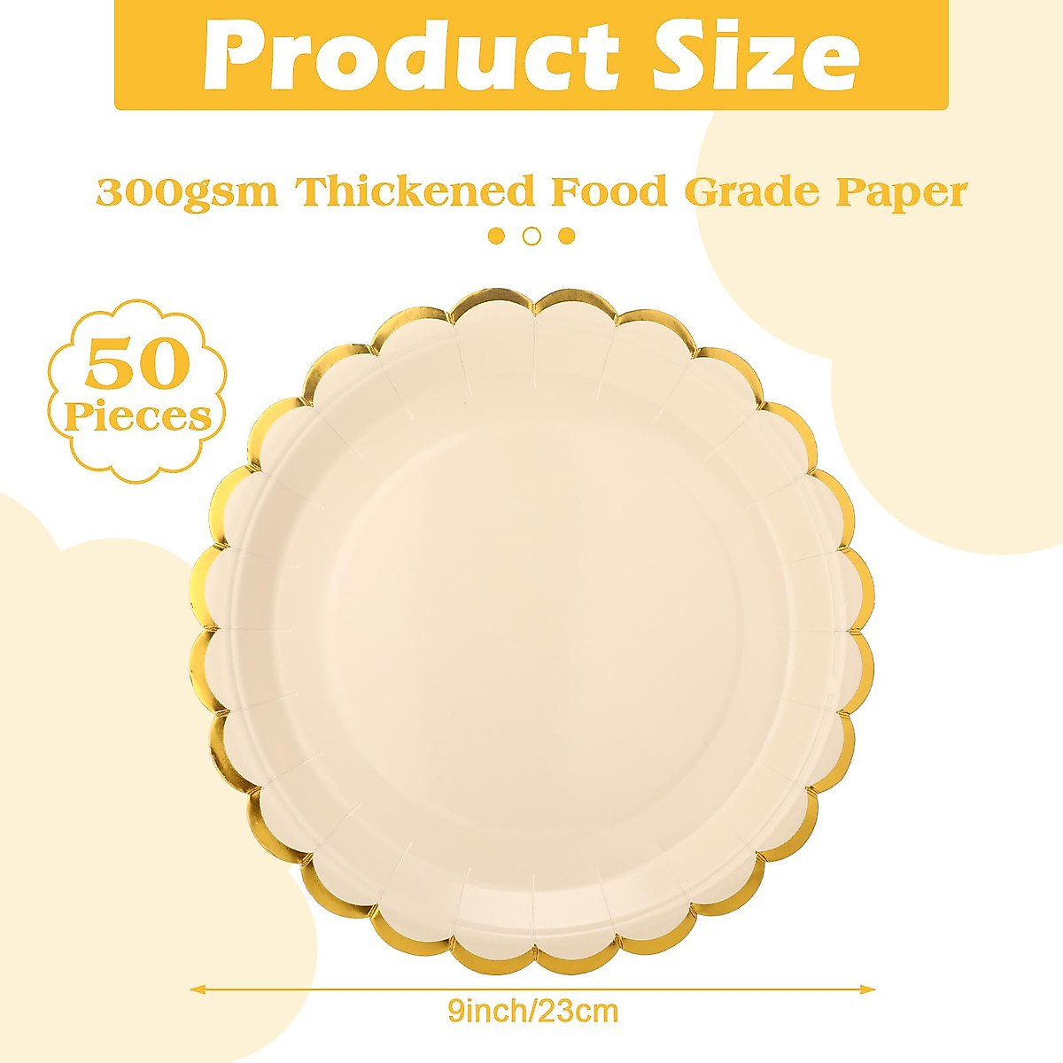 Maxcheck 50 Pcs Creamy White Scalloped Paper Plates with Gold Foil 9 Inches Disposable Paper Party Plates for Cake Dessert Birthday Baby Shower Wedding Tea Party Supplies