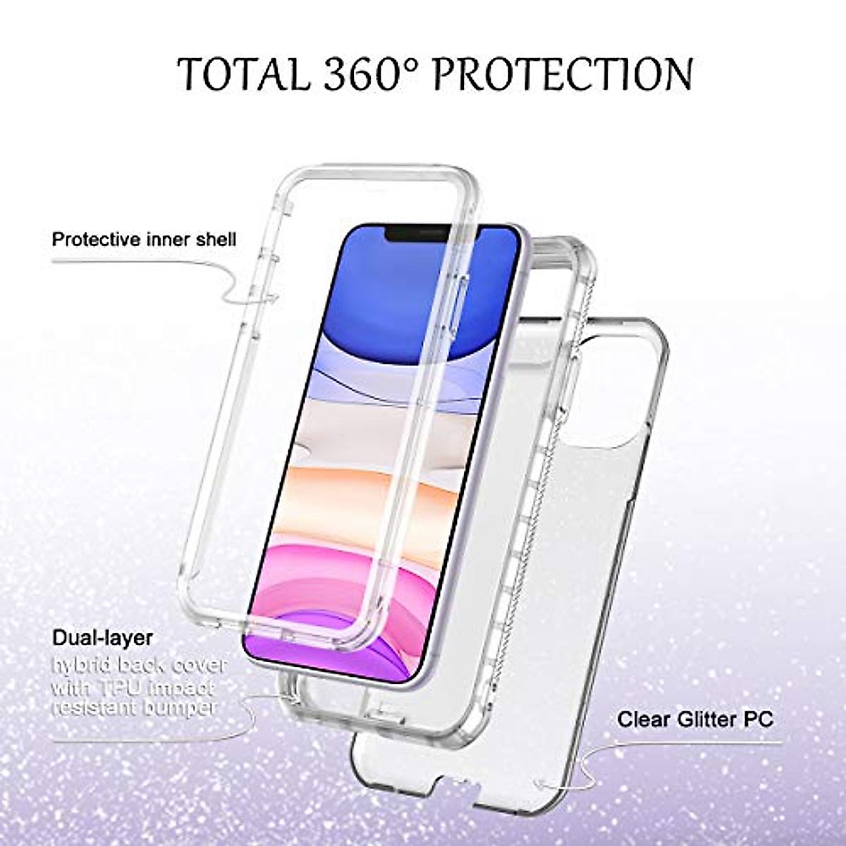 LONTECT for iPhone 11 Case Built-in Screen Protector Glitter Clear Sparkly Bling Rugged Shockproof Hybrid Full Body Protective Case Cover for Apple iPhone 11 6.1 2019, Clear/Silver Glitter