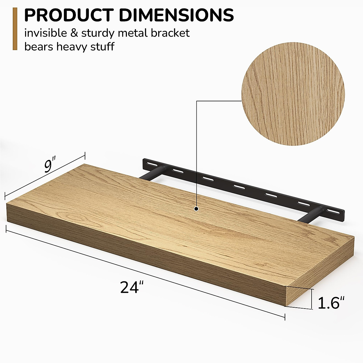 Fun Memories Floating Shelves - 24 Inch Rustic Wooden Wall Shelves - Extra Deeper & Thicker Wall Mounted Storage Shelf for Living Room, Kitchen, Farmhouse - 24" x 9" x 1.6" 2Pack, Oak