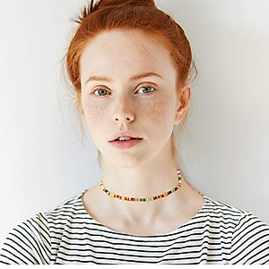 Hicarer 12 Pieces Boho Seed Bead Choker Necklace Colorful Bead Necklaces Rainbow Beach Bead Choker Necklaces for Women