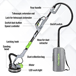 WORKPRO Drywall Sander, 720W Electric Sander with Vacuum, 7 Variable Speed 1100-1850 RPM Wall Sander with 12 Pcs Sanding discs, LED Light, Extendable Handle, Long Dust Hose and Storage Bag