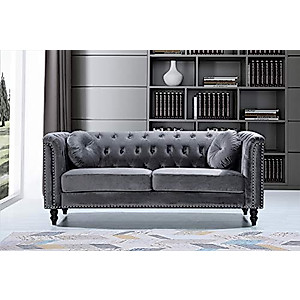 US Pride Furniture Modern Style High Density Foam Cool Grey Velvet Rolled Arm Chesterfield Living Room Removable Cushion & Solid Wood Legs (S5608-5613) Sofas