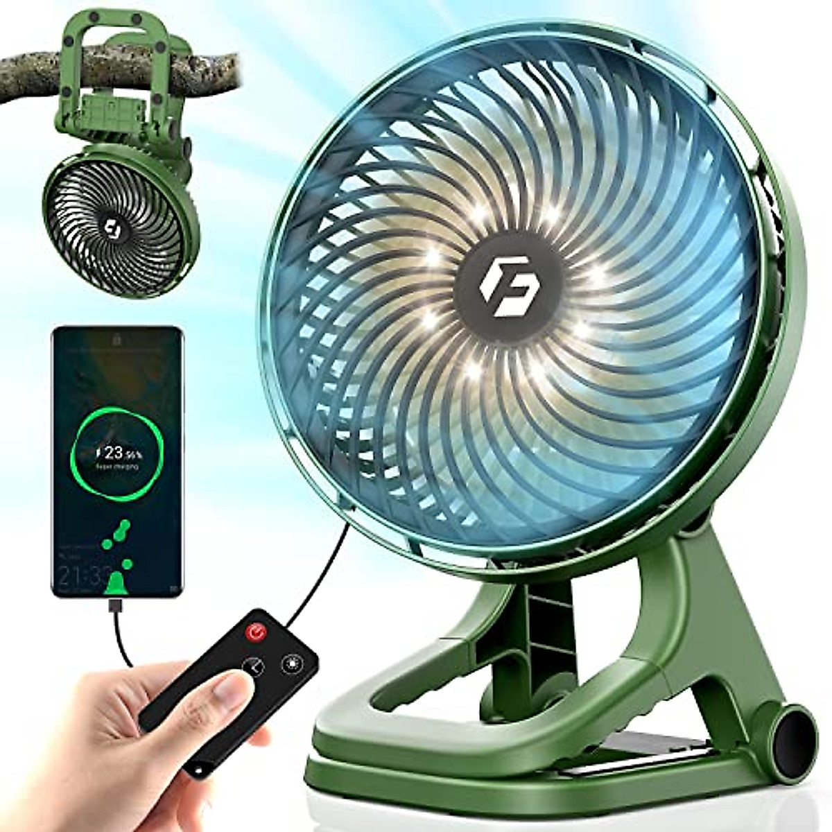 Portable Camping Fan - 12000mAh 8-inch Clip on Fan with Colossal Clamp - Rechargeable Fan with LED & Remote - Golf Cart Fan for Outdoor, Travel, Workshop, Hurricane Emergency (Green)