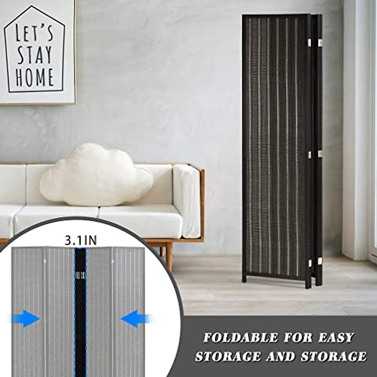 Bamboo Room Divider Folding Privacy Screen 4 Panel 72 Inches High 17.7 Inches Wide Room Divider for Living Room Bedroom Study,Black