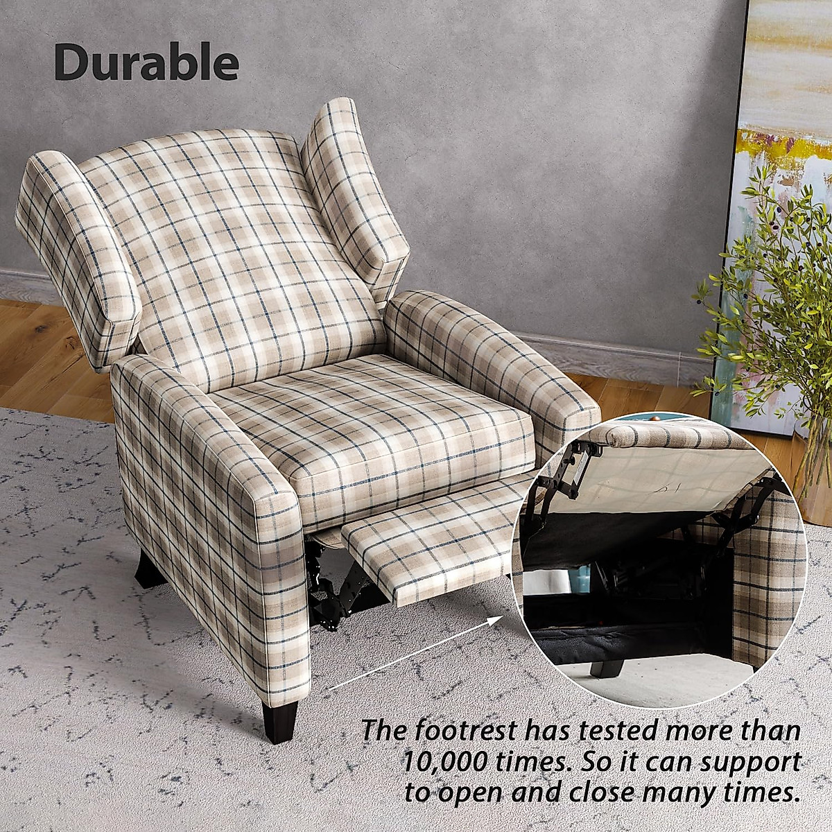 INZOY Push Back Recliner Chair, Pushback Reclining Chair with Padded Seat, Fabric Wingback Recliner for Living Room Home Theater, Plain Plaid