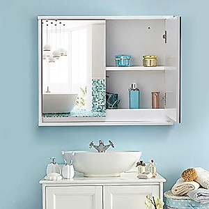 Tangkula Wide Medicine Organizer Bathroom Cabinet Double Mirror Door Wall Mount Storage Shelf White (22" Wood