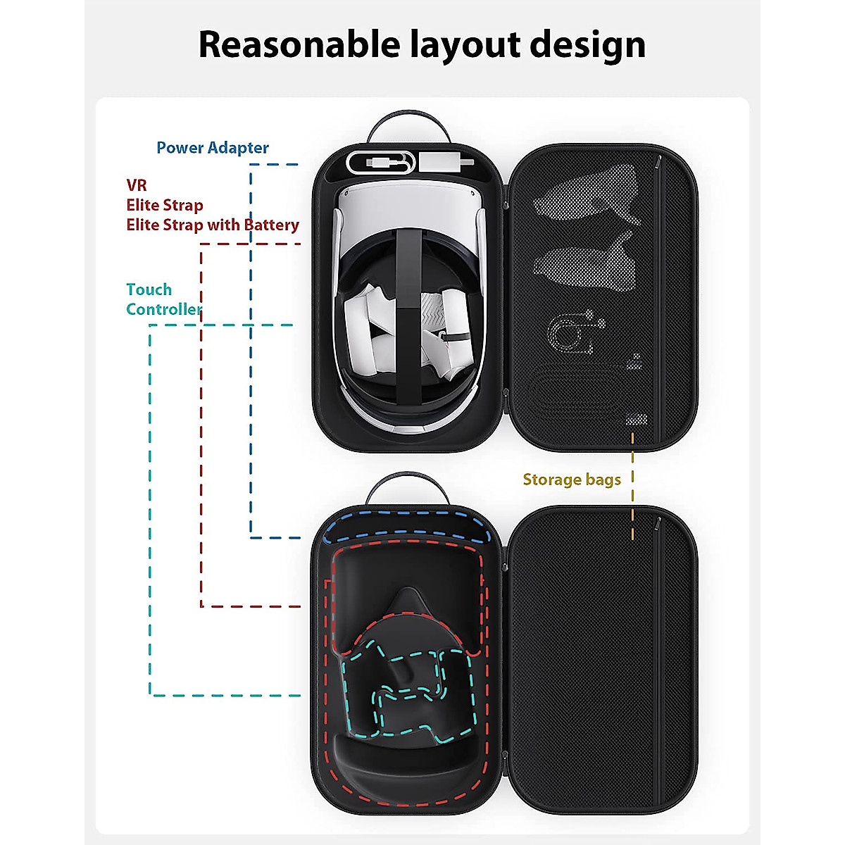 Amavasion Hard Carrying Case Compatible with Meta Quest Pro/Oculus Quest 2 Accessories VR Headset with Elite Strap, Touch Controllers and Other Accessories, Ultra-Sleek Design for Travel and Storage