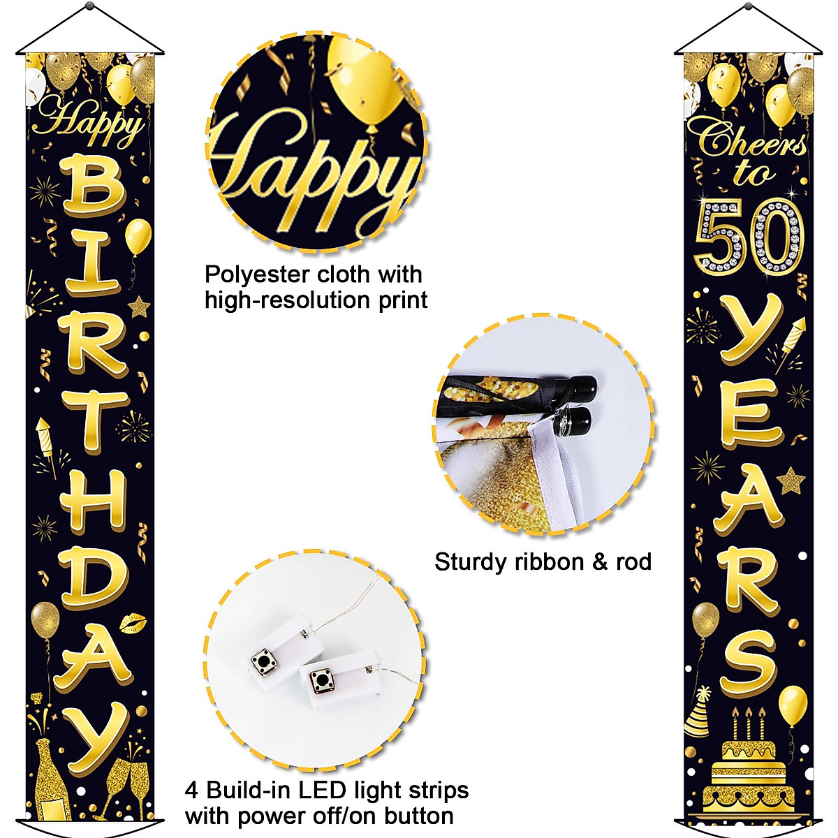 50th Birthday Party Banner Lighted Decorations for Women Men 50 Year Old Lighted Door Banners Black Gold Cheers to 50 Years Birthday Party Supplies Porch Sign with LED Light for Outside Lighted Decor