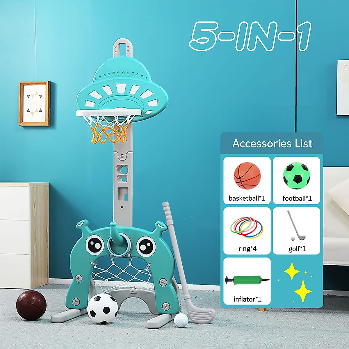 Basketball Hoop for Kids 4 in 1 Kids Sports Center Toddler Basketball Hoop Indoor and Outdoor Basketball Hoop Football/Soccer Goal Golf Game Ring Toss Play Set Best Gift for Toddlers and Kids(Green)