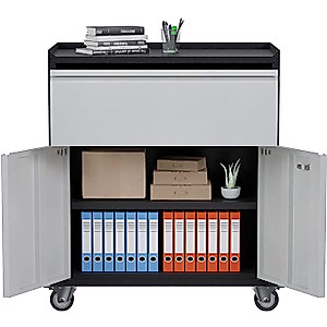 1 Drawer 2 Doors Rolling Adjustable Shelves Metal Storage Cabinet Black/Grey for Garage Utility Room Single Drawer & 2 Doors