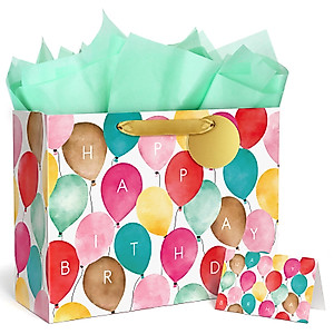 BGTCARDS Birthday Gift Bag with Tissue Paper and Card, Happy Birthday Gift Bags for Birthday, Party, Reusable Gift Bag for Presents with Handles - 13”x 10”x 5”, 1PCS