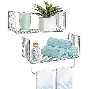 mDesign Metal Wire Farmhouse Wall Decor Storage Organizer Shelving Set - 1 Shelf with Towel Bar for Bathroom, Laundry Room, Kitchen, Garage - Wall Mount, 2 Pieces - Chrome