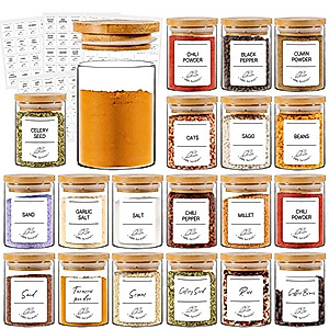 20 Pack 3 oz Glass Jars with Bamboo Lids, Empty Spice Jars with Wood Airtight Lids, Food Storage Canisters Containers for Home Kitchen, Sugar, Candies,Coffee Beans, Herbs, Grains. Include 120 Labels.