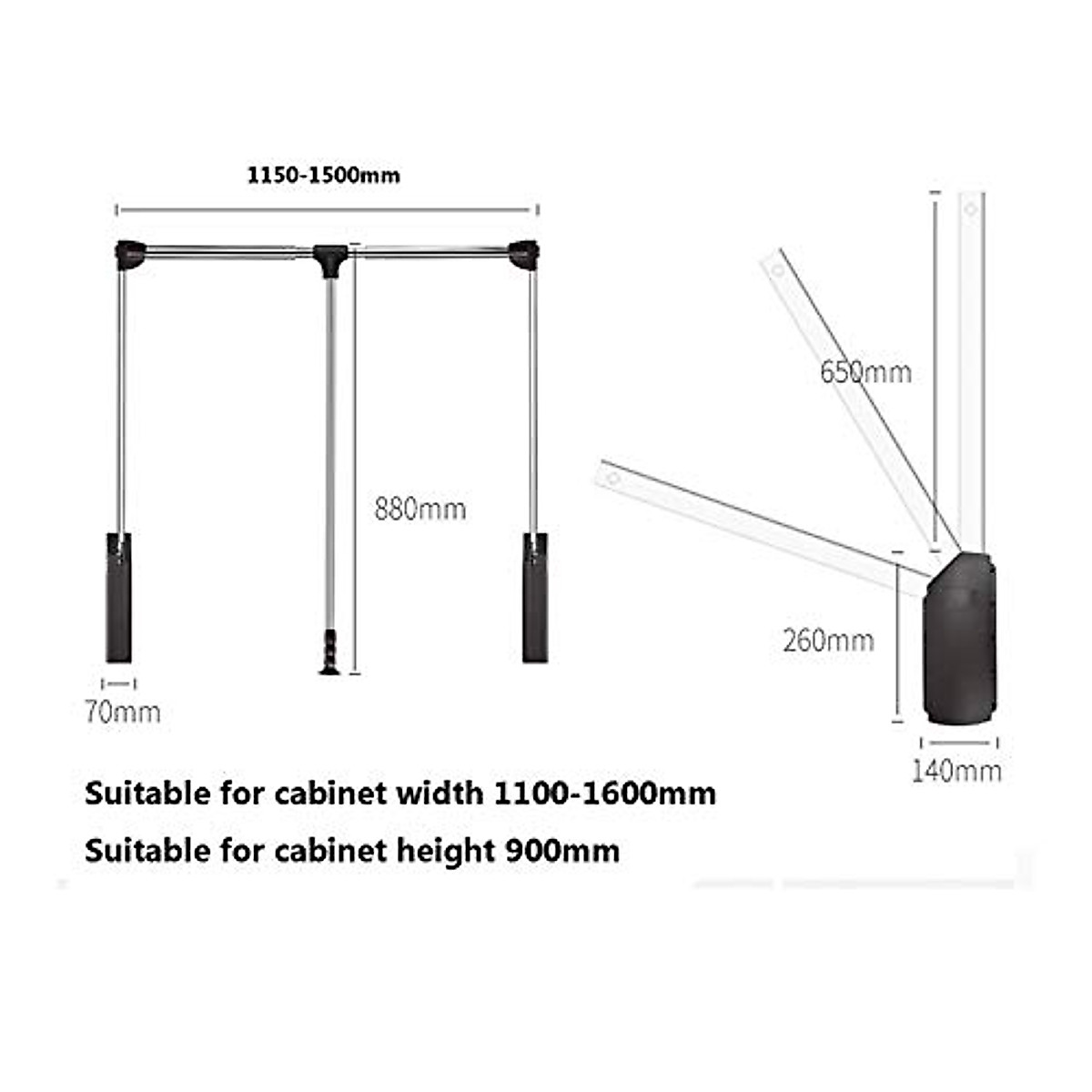 Large Wardrobe/Closet Lifter, Adjustable Width Double Damping Drop-Down Hanger, Saving Space, Suitable for Wardrobe Width 1100-1600MM, Bearing 30KG (Size : 1150-1500mm)