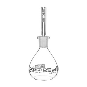 EISCO Pycnometer, Calibrated, 25mL - Specific Gravity Bottle with Flat Bottom & Perforated Stopper - Borosilicate 3.3 Glass
