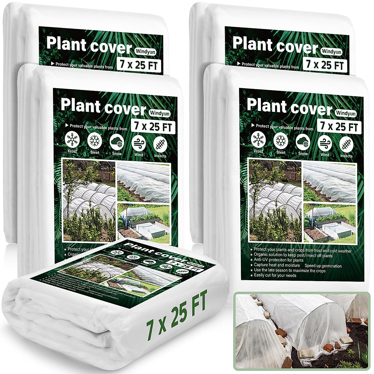 Windyun 4 Pack Plant Covers Freeze Protection Frost Cloth Thick Frost Blankets Floating Row Cover Plant Cover for Winter Cold Weather Outdoor Garden Plants Frost Snow Protection(White, 7 x 25 ft)