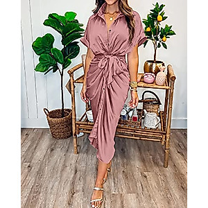 BTFBM Women 2023 Button Down Ruched Shirt Dresses Short Sleeve Lapel V Neck Elegant Party Spring Summer Maxi Satin Dress(Short Sleeve Pink, Small)