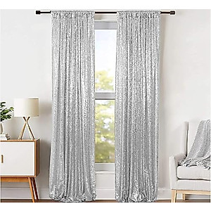WISPET Silver Sequin Backdrop Curtains 2 Panels 2FTx8FT Glitter Drapes Backdrop Wedding Photo Backdrop Glitter Birthday Bridal Party Curtains Sparkle Background Party Decor Curtains