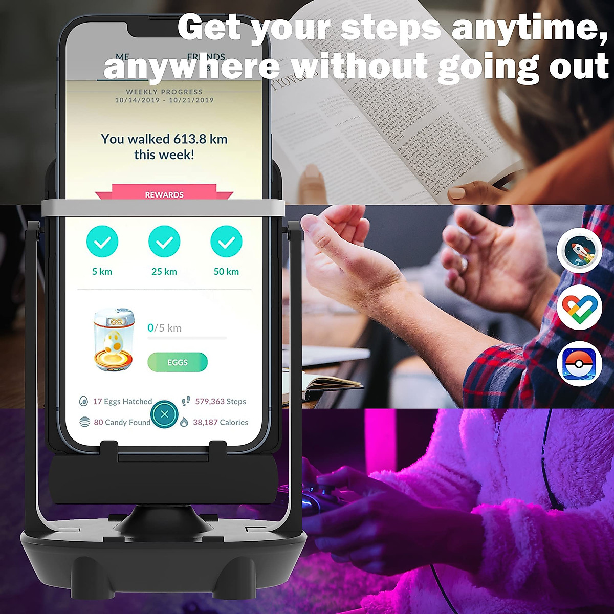 Orzero Steps Counter Compatible for Po-ke-mon Go Walker Phone Swing Accessories Cellphone Pedometer (USB Cable) (Easy Installation) (Mute Version) Egg hatcher Rocker Quick Steps Earning Device - Black
