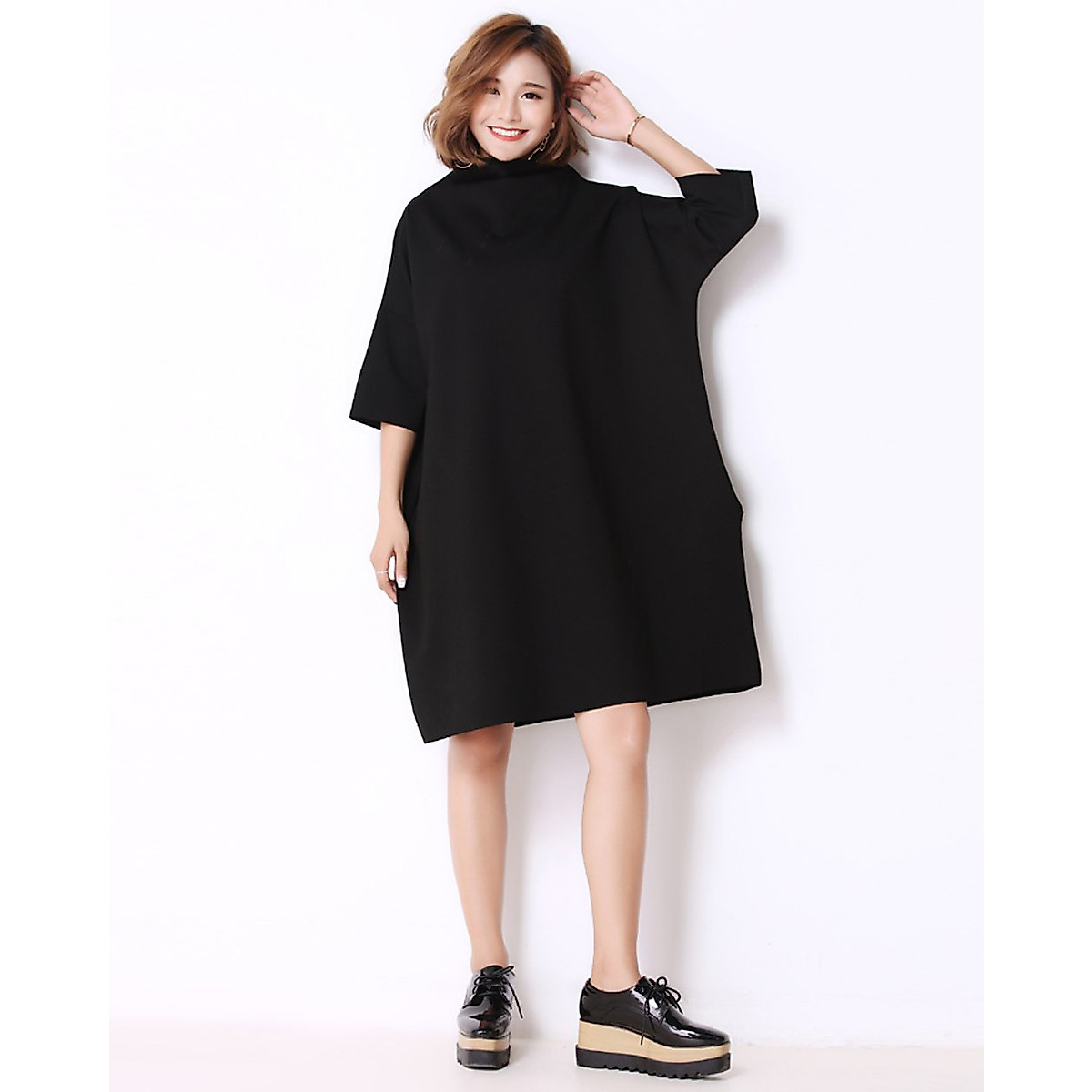 LAI MENG FIVE CATS Women's Casual 3/4 Sleeve Turtleneck Oversized Loose Sweatshirt Pullover Top ONE Size Black