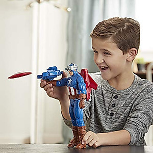 Avengers Marvel Titan Hero Series Blast Gear Captain America, 12-Inch Toy, with Launcher, 2 Accessories and Projectile, Ages 4 and Up , Blue