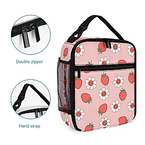 MINBHEBYUD Retro Pink Daisy Strawberry Fruit Lunch Bag for Men Women Adults, Insulated Lunch Bags for Office Work, Reusable Portable Lunch Bag