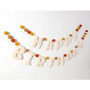 Boho Felt Happy Birthday Garland - Natural Handmade Wool Letters & Balls, Boho Birthday Decoration, Decorations for Children's Birthday Parties, Assembled Happy Birthday Banner