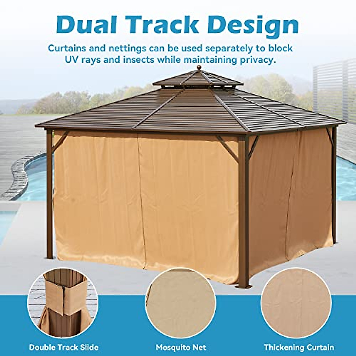 GAZEBEST 12' X 12' Permanent Hardtop Gazebo, Outdoor Galvanized Steel Double Roof Pavilion Pergola Canopy with Aluminum Frame Nettings and Curtains for Garden, Patio, Backyard, Deck and Lawns.