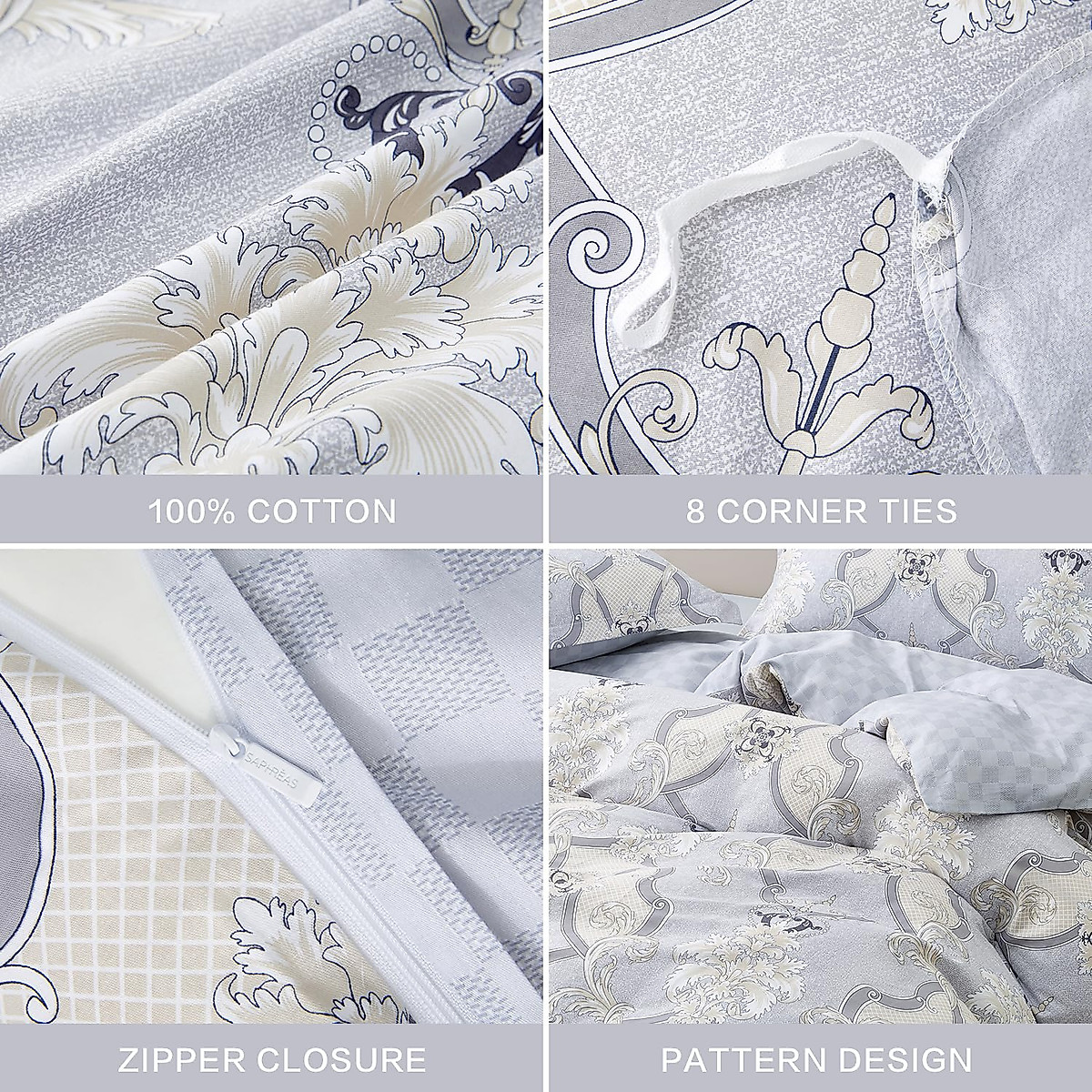 SAPHREAS Home Grey Bohemian Duvet Cover Set Queen Size 100% Cotton 3pcs Exotic Style Retro Comforter Cover Soft&Breathable 1 Duvet Cover 2 Pillowshams