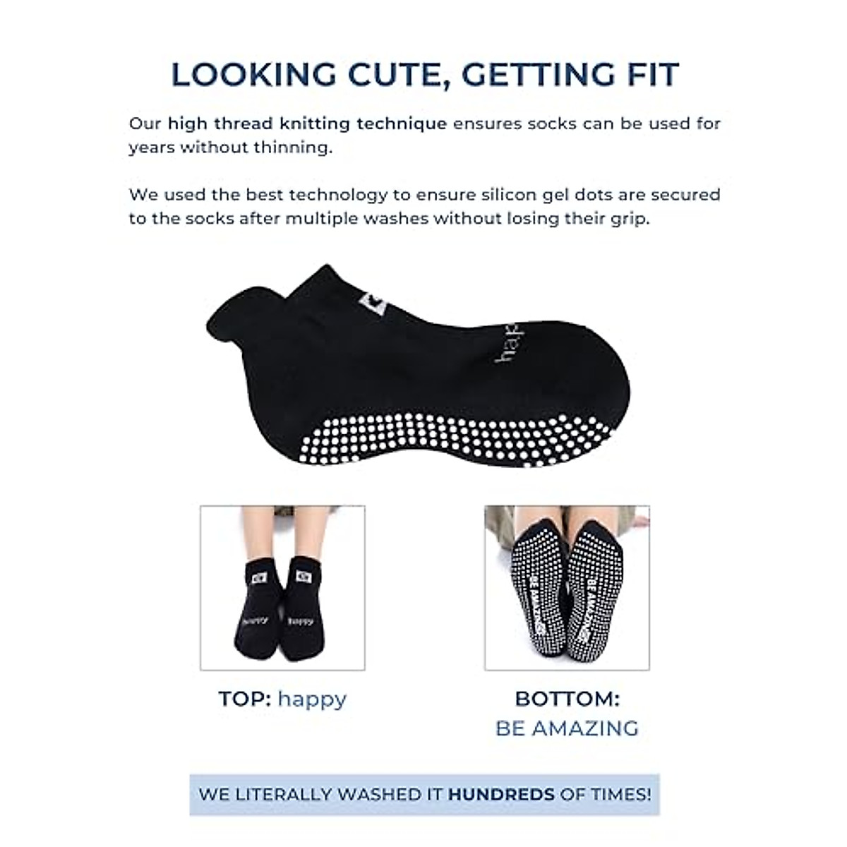 Live Happy Be Healthy Non-Slip Socks Yoga Barre Pilates Hospital Maternity Sock w/Grips for Women Men 2-Pairs Black (Black 1 Pack)