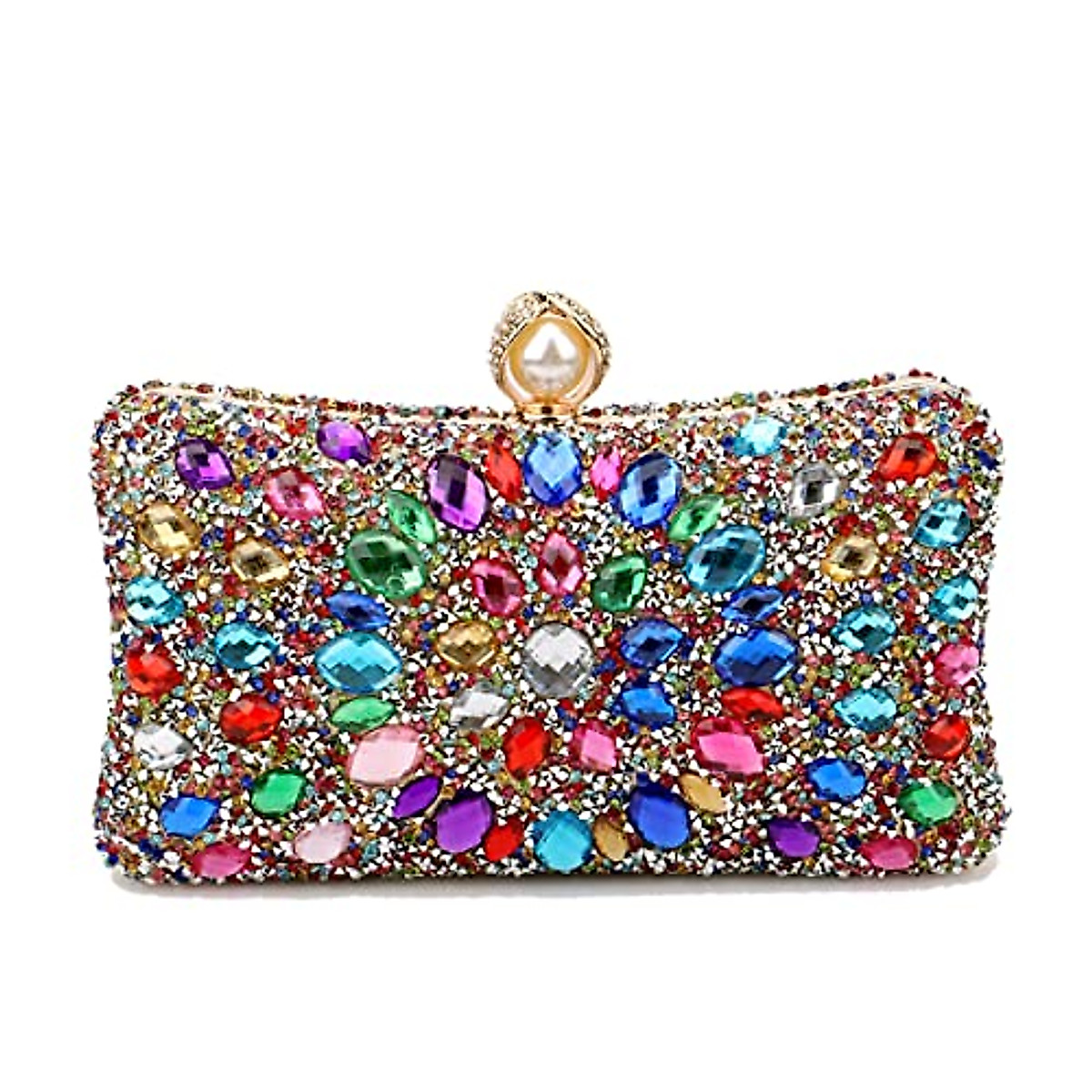 Rhinestone Women Evening Clutch Pearl Purse Multicolor Crystal wedding ball Handbags Chain bag (Gold Mmulti Color Clutch)