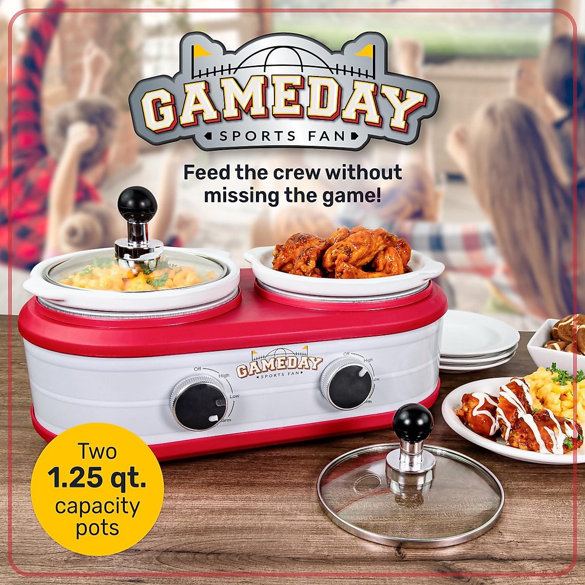 Nostalgia Game Day 2.5-Quart 2-Section Slow Cooker with Lid and Ladle, Keg-Like Design, Cooks Chicken Wings, Meatballs, Chilli, Cheese, Soup, Stews, and More