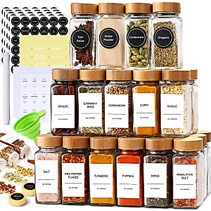 24 Glass Spice Jars with Label Set Bamboo Shaker Lids & Funnel, Kitchen Airtight Sugar Packet Holder Storage Jars with Lid, Spices & Seasonings Sets Organizer Spice Containers, Glass Jar Food Canister