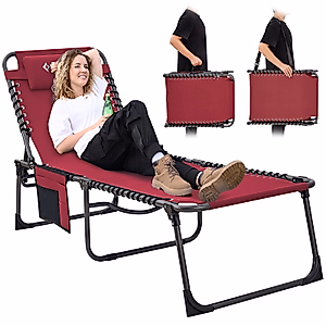 KingCamp Patio Chaise Lounge Chairs Reclining Folding Adjustable Outside with Pillow Lawn Pool Beach Sunbathing Camping Cot Outdoor, 74.8''x23.2''x14.5'', Crimson
