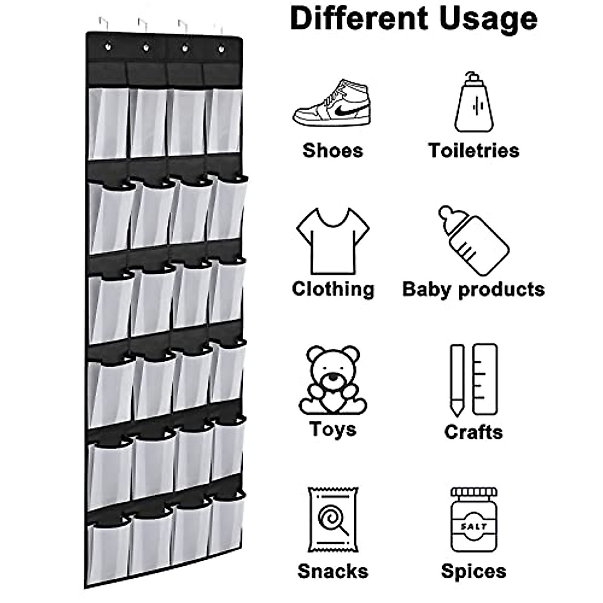 CdyBox 24 Grid Door Rear Finishing Storage Hanging with 4 Silver-plated Metal Hooks Over the Door Shoe Organizer (Black)