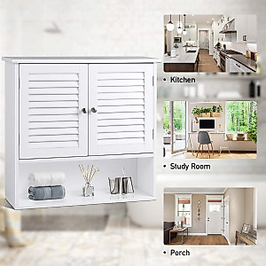 Tangkula Bathroom Wall Cabinet, Wooden Hanging Medicine Cabinet with Double Shutter Doors and Adjustable Shelf, Wall Mounted Bathroom Cabinet with Open Shelf, 26 x 8.5 x 25 Inches, White