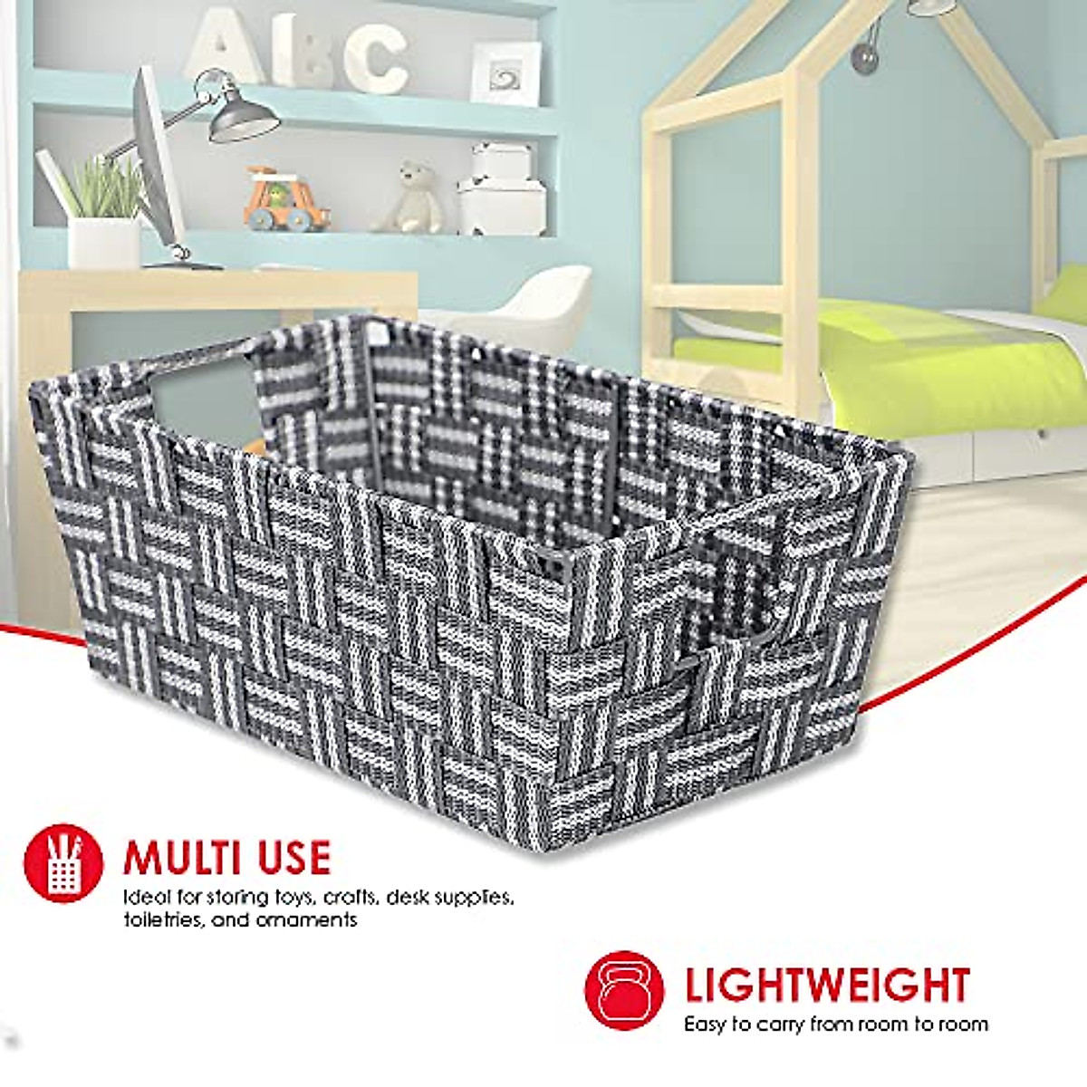 Home Basics Stripe Woven Strap Storage Bin | Various Black | Blue | Brown | Grey | Great for Storage | Metal Frame | Lightweight with Handles | Sturdy Construction (Grey, Small)