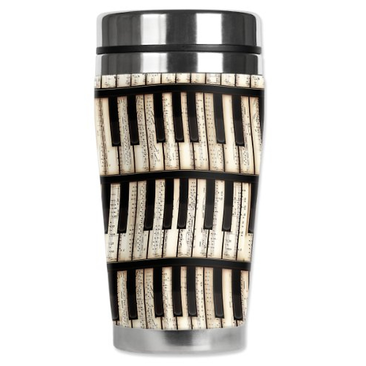 Mugzie Piano Keys Travel Mug with Insulated Wetsuit Cover, 16 oz, Black
