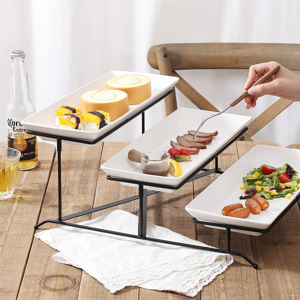 ZONEYILA Large 3 Tiers Serving Tray, 14 Inch Serving Platters with Collapsible Stand, Porcelain Serving Dishes for Entertaining, Suitable for Party Buffet Cupcake Dessert Table Display