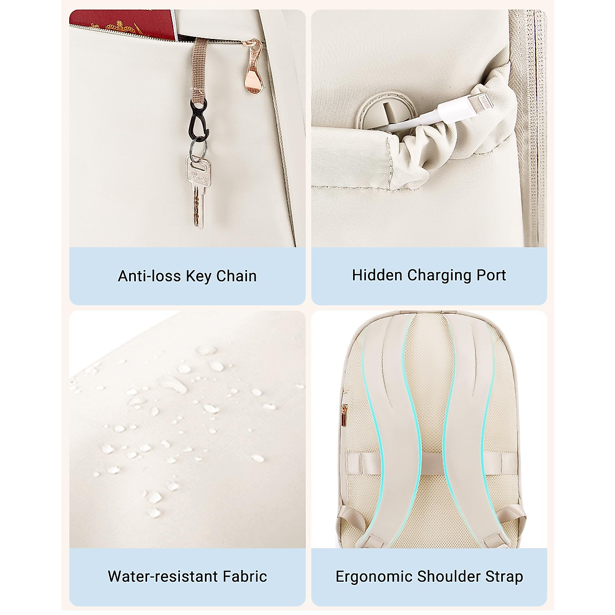 LIGHT FLIGHT Travel Laptop Backpack for Women, 15.6 Inch Anti Theft Backpack with USB Charging Hole, Water Resistant College Bookbag, Large Capacity Black Computer Backpacks for Work, Beige