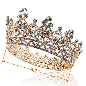 Yopay Gold Crowns, Full Round Diamond Crystal Bride Bridal Wedding Crowns and Tiaras Vintage Headband Hair Accessories for Women Birthday Prom Queen Pageant