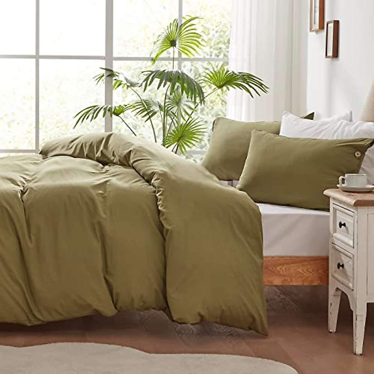 SunStyle Home 100% Washed Cotton Duvet Cover Set Breathable Soft Twin Olive Green Duvet Cover 2 Pieces Solid Color Bedding Set with Buttons Closure Comforter Cover Set (1 Duvet Cover +1 Sham)