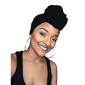 4 Packs Stretch Jersey Turban Head Wrap Scarf African Headwraps for Women Head Wraps Long Hair Scarf Ultra Soft Breathable Solid Color Turban Tie Large Headband (Black Dark Grey Light Brown Blue)