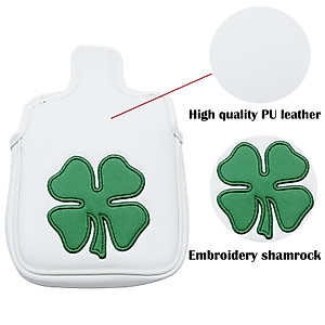 Gbourly Golf Club Lucky Shamrock Square Mallet Putter Cover Magnetic Heel Shaft PU Leather Headcover (White Shamrock)