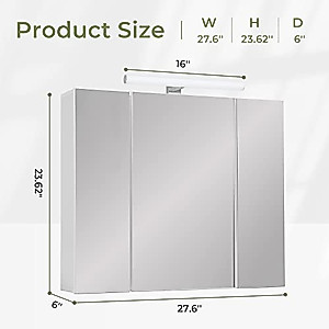 Bathroom Medicine Cabinet with Mirror and Lights 27.6x24 Inch Wall Mounted Mirror Cabinet with Charging Station & Adjustable Storage Shelves Medicine Cabinets Mirror with 3 Doors for bathroom,White