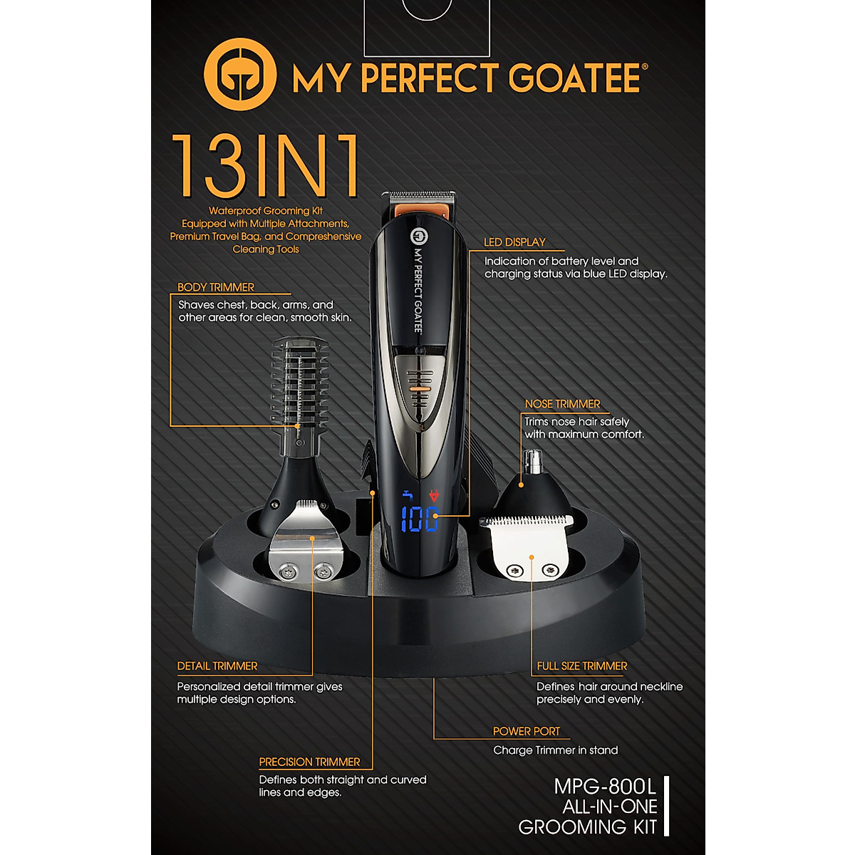 My Perfect Goatee®️ 13-in-1 Mens Grooming Kit - LED Display Beard Trimming Kit with Travel Bag, Charging Stand, & More - Waterproof, Cordless Electric Trimmer for Nose, Body, & More – Ideal Gift Set